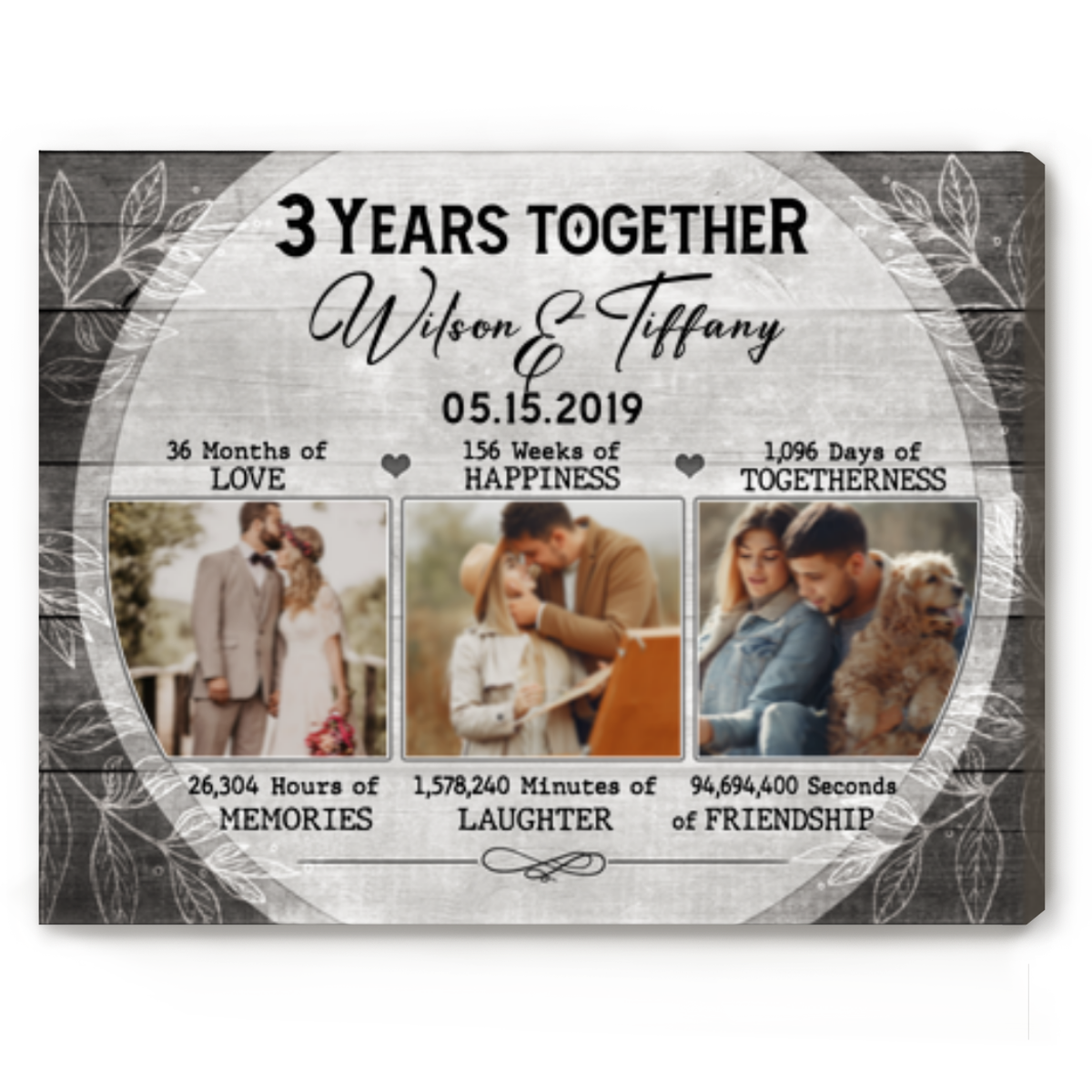 3rd Anniversary Gift Custom Photo Canvas, Personalised 3rd Wedding ...