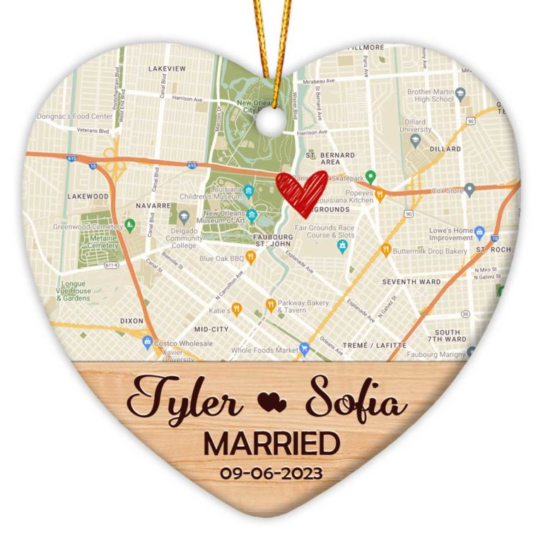 Personalized Married Location Map Heart Ceramic Ornament, Wedding ...