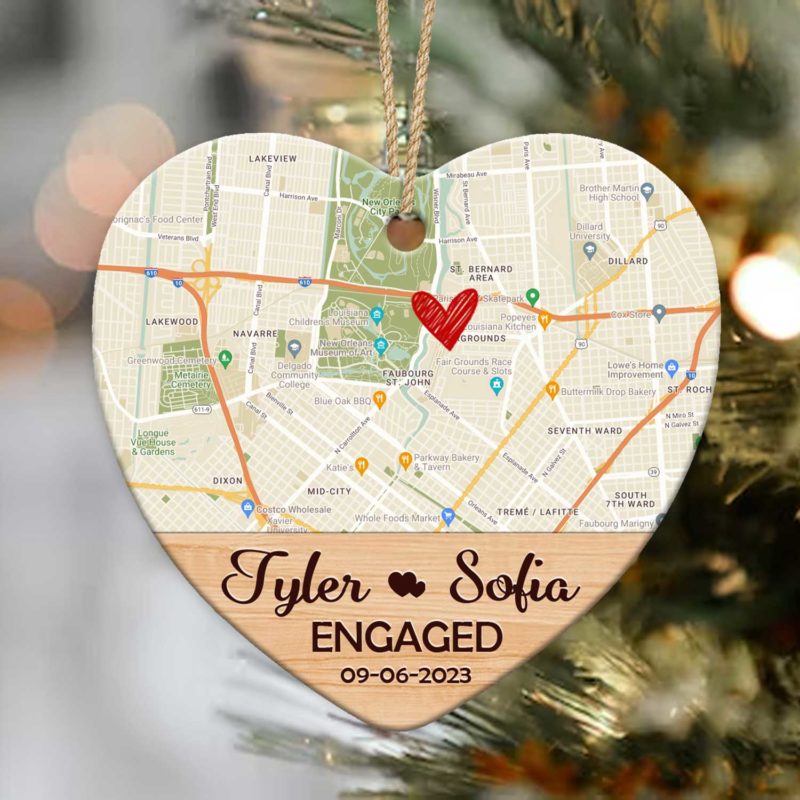 Personalized Engaged Location Map Heart Ceramic Ornament, Newly Engaged ...