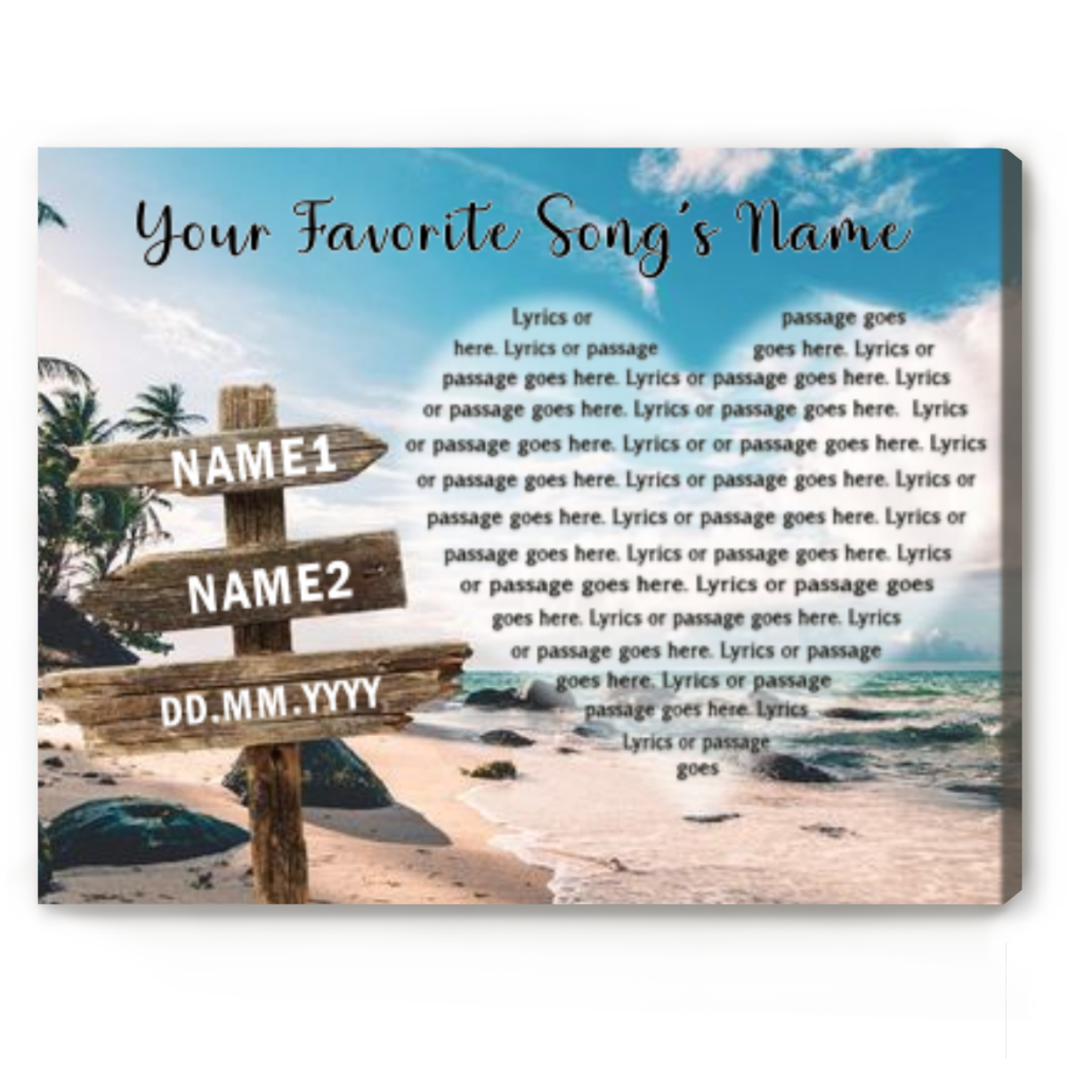 Personalized Heart Shape Song Lyrics Beach Shore Canvas, Custom First ...