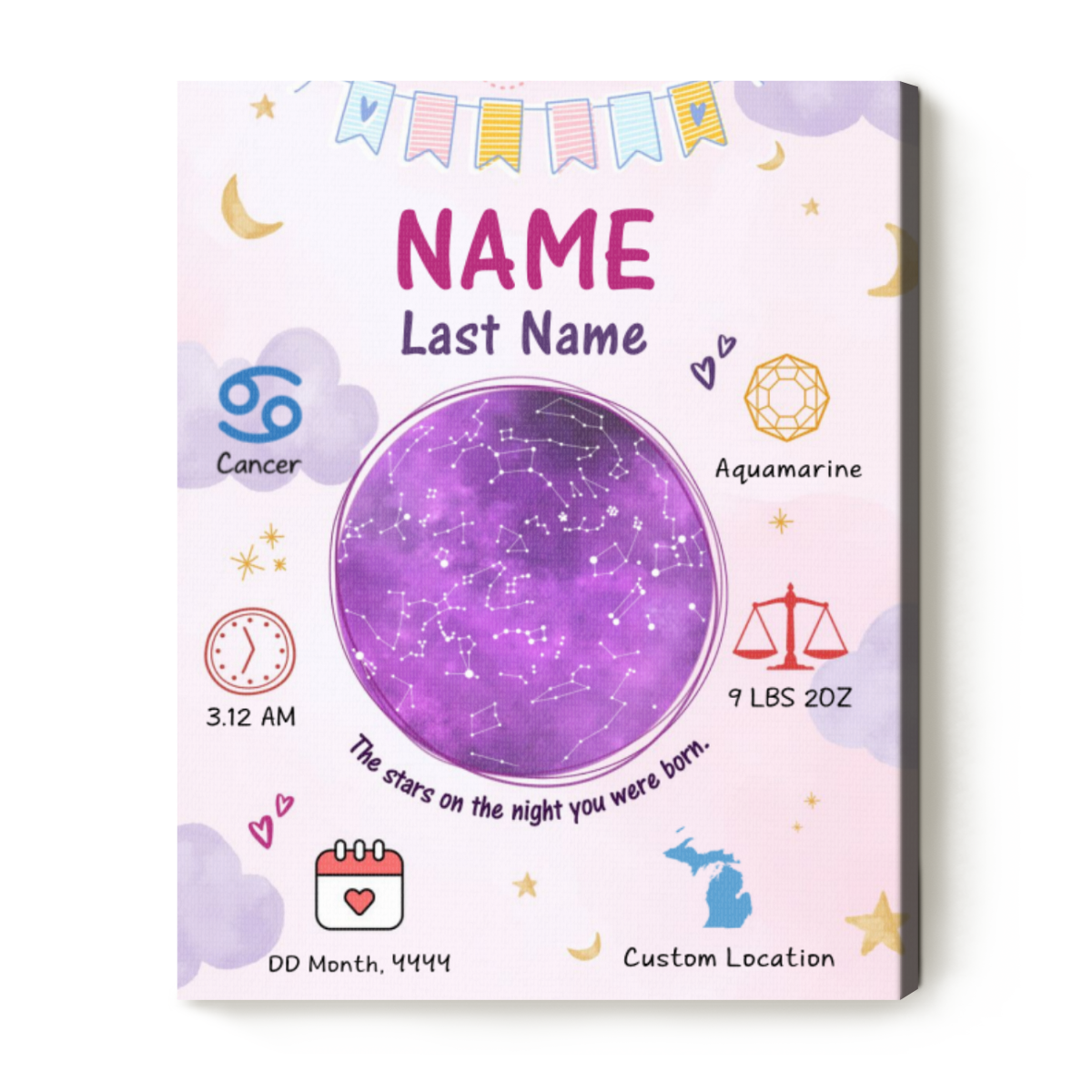 The Night You Were Born Custom Constellation Canvas, Baby Birth Natal ...