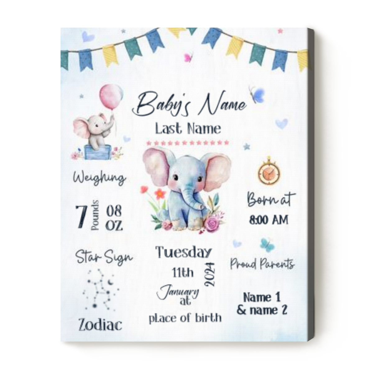 Personalized Baby Birth Stats Canvas, Newborn Announcement Wall Art ...