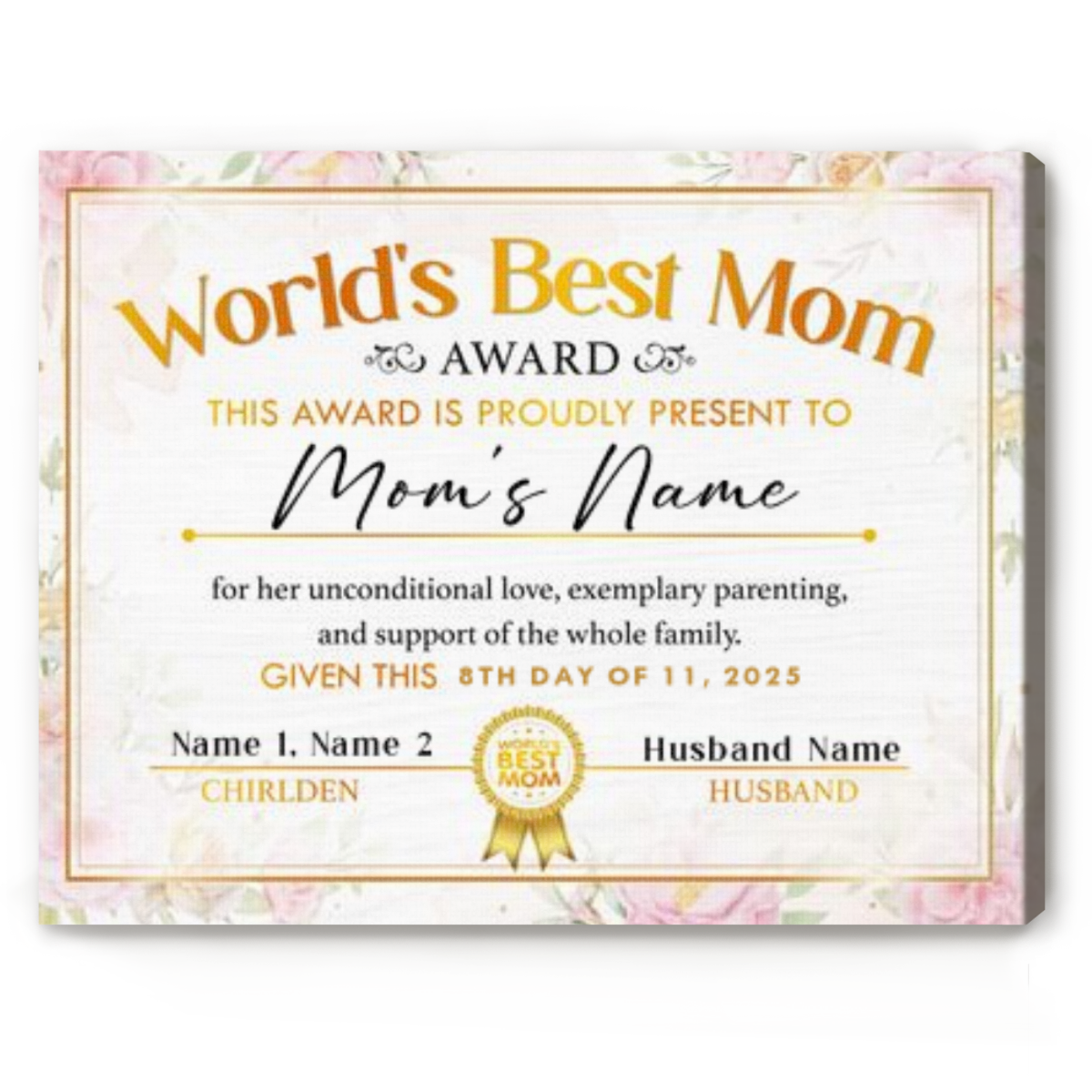 Personalized Mom Certificate Canvas - World’s Best Mom Award With Names ...