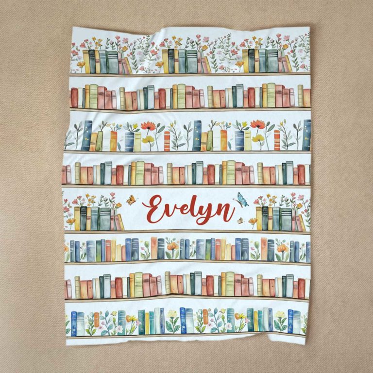 Personalized Book Lover Blanket – Custom Name Floral Bookshelf Fleece ...